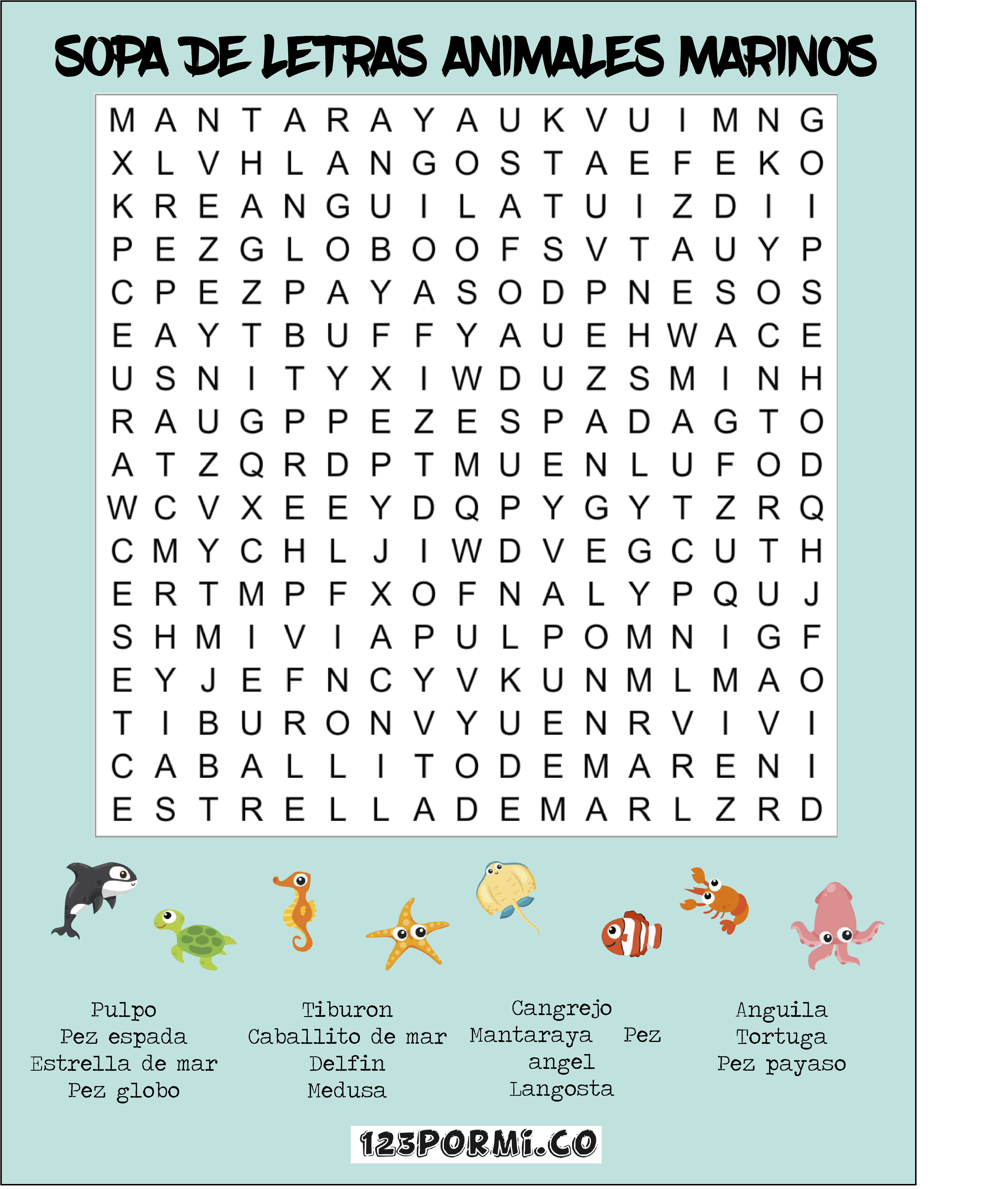 Sopa de letras animales marinos – 123 por mi