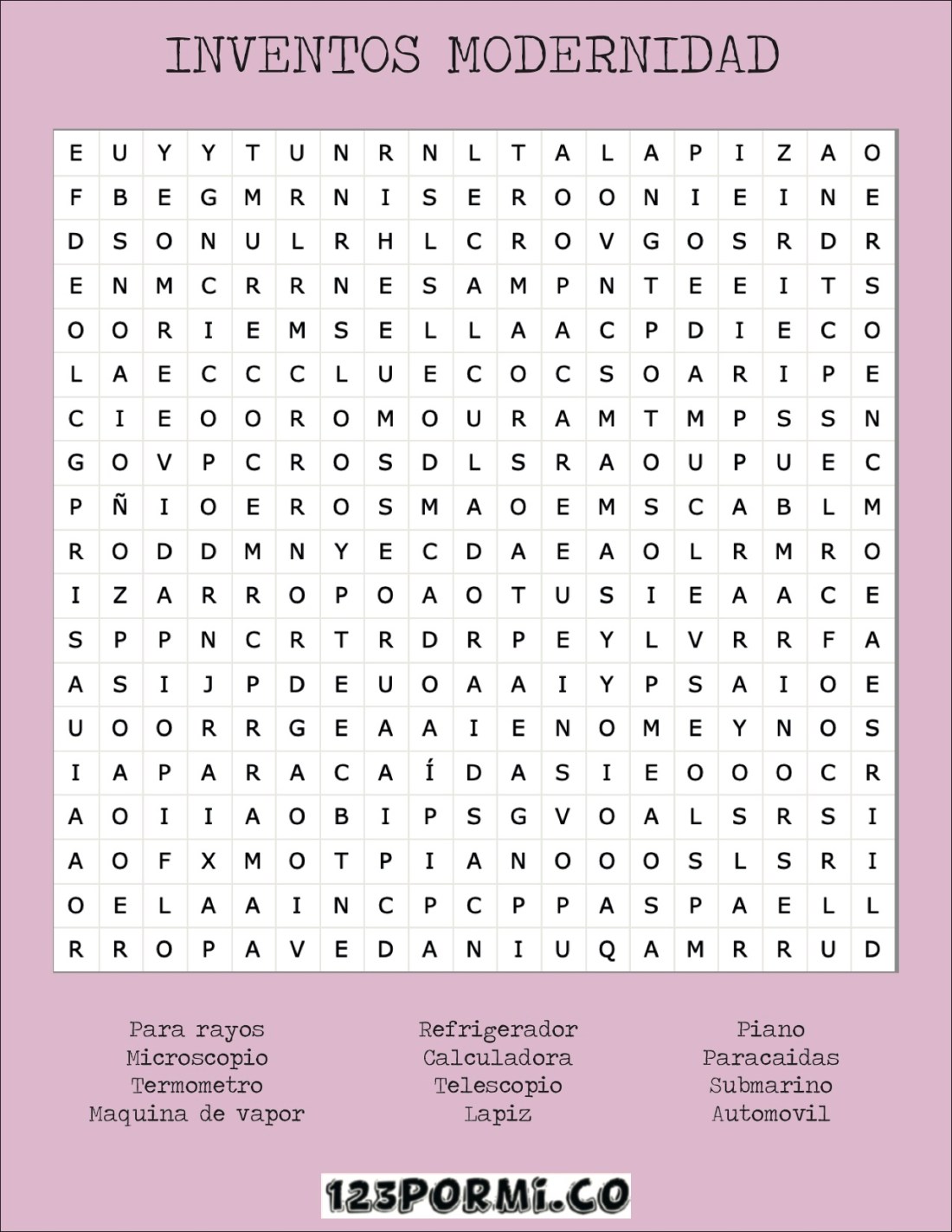 Sopa de letras inventos de la modernidad – 123 por mi