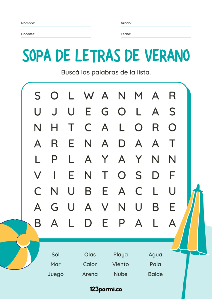 Sopa de letras de verano – 123 por mi