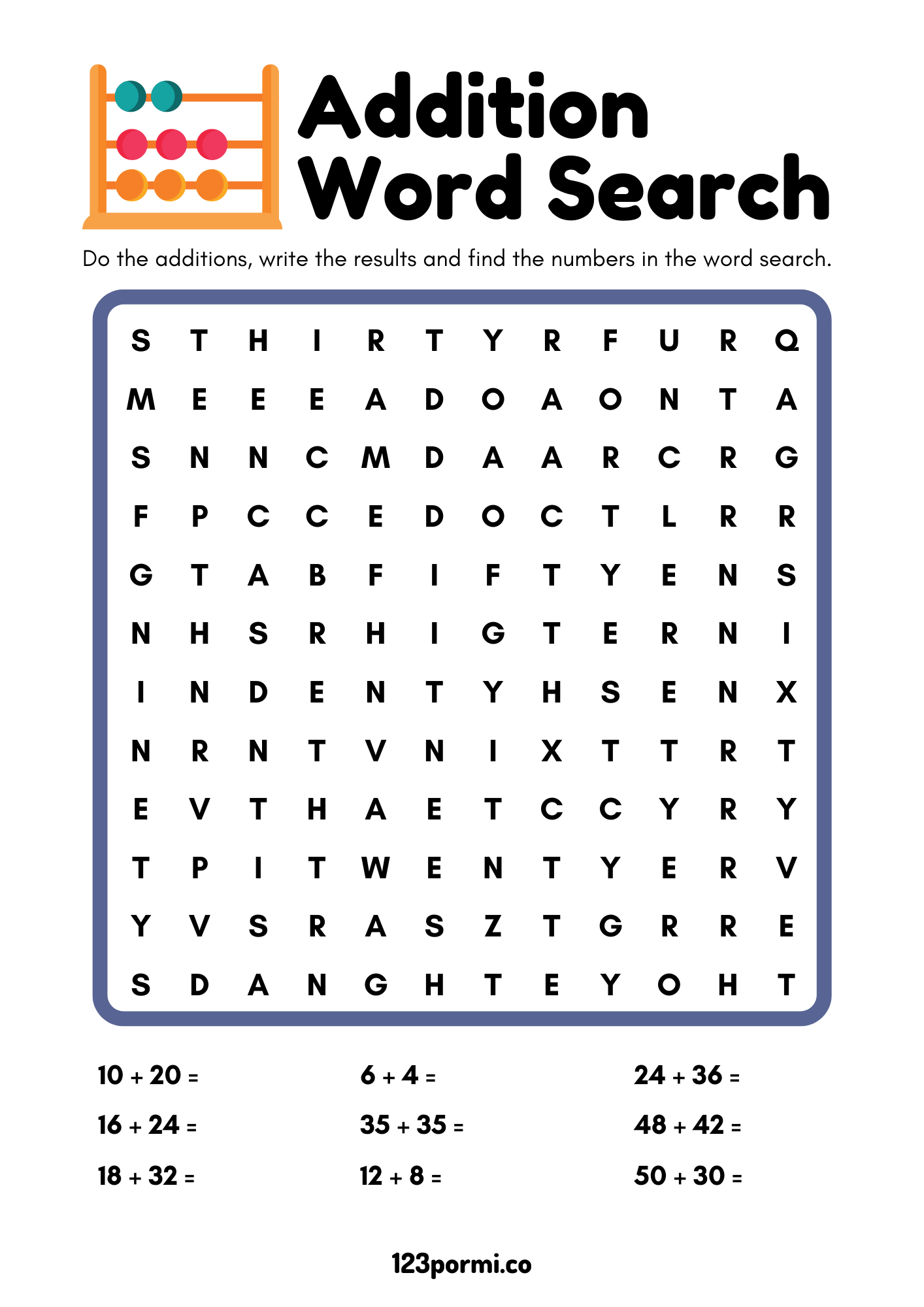 Addition word search – 123 por mi