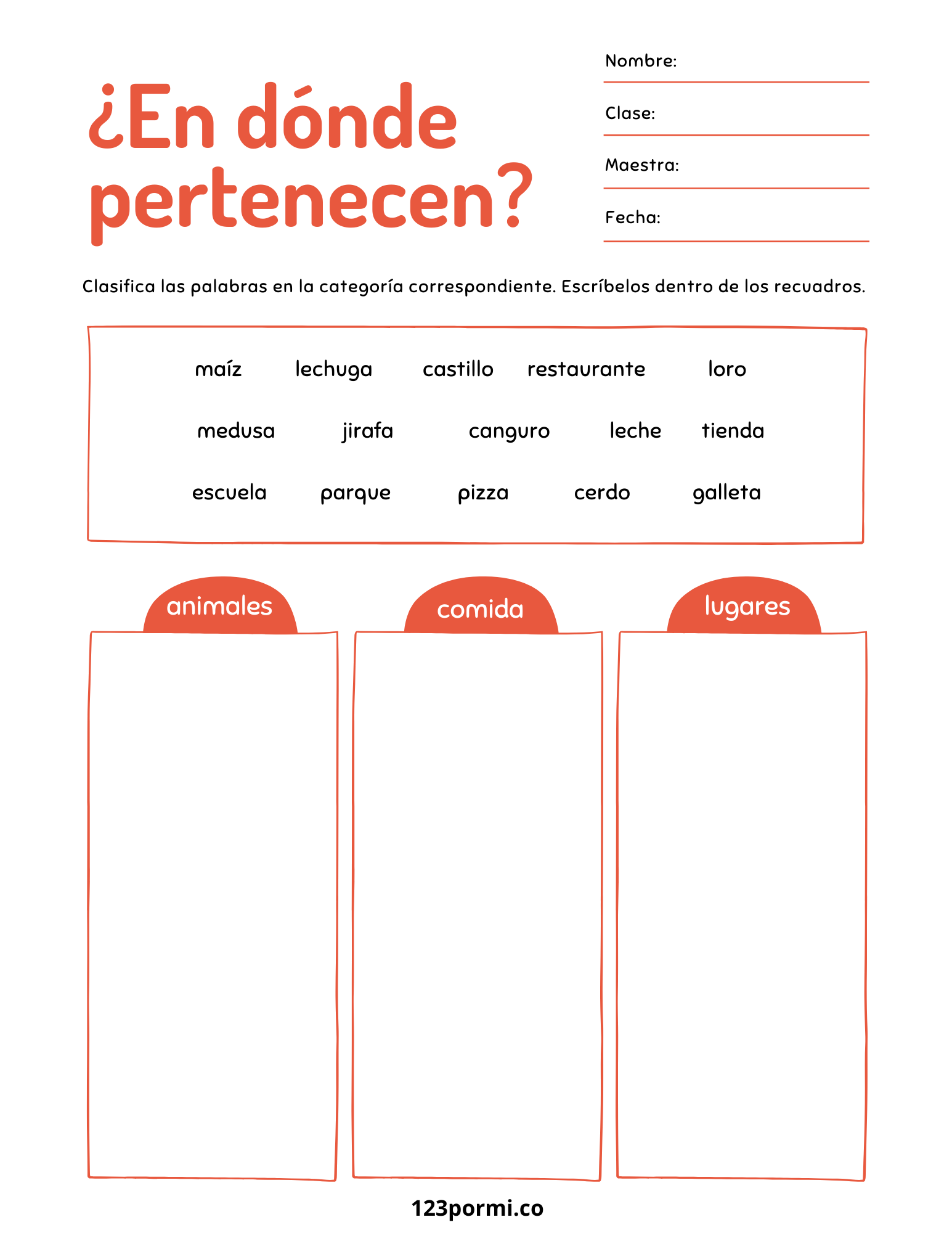 Clasifica las palabras – 123 por mi