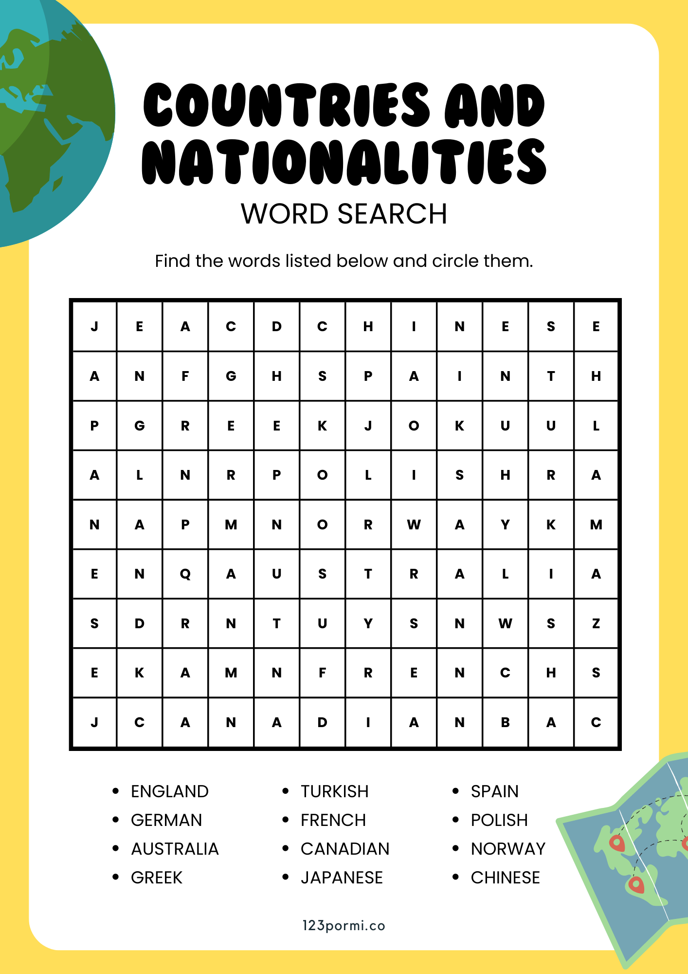 Countries and nationalities Word Search – 123 por mi