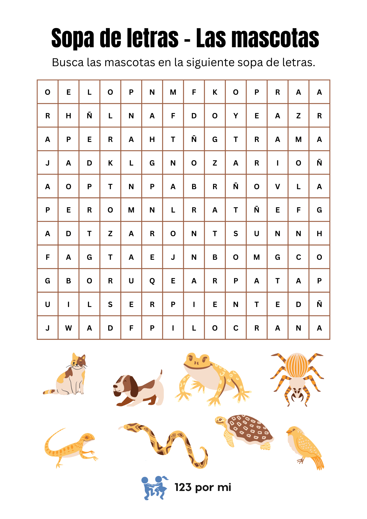 Sopa de letras mascotas – 123 por mi