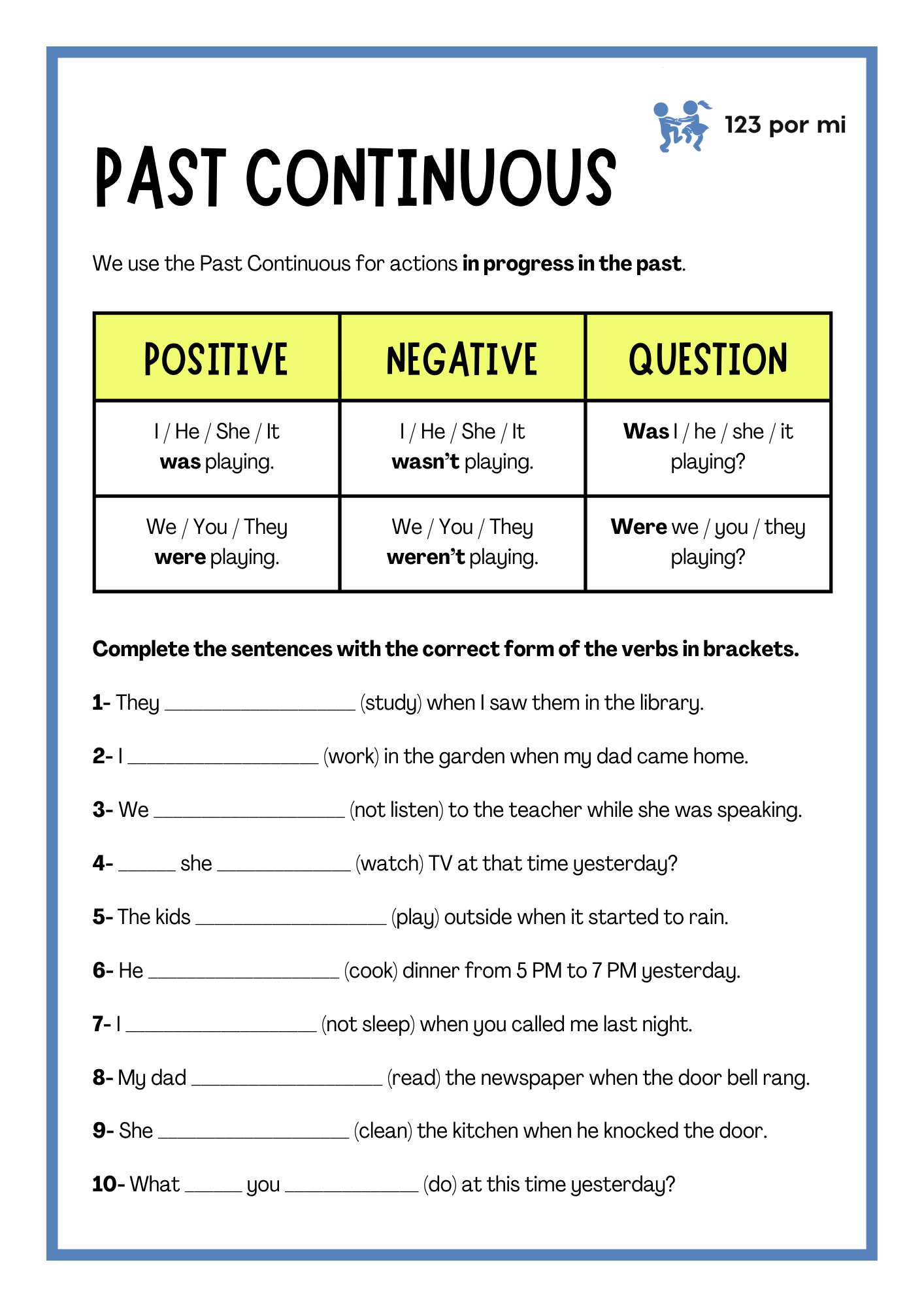 Past continuous worksheet – 123 por mi