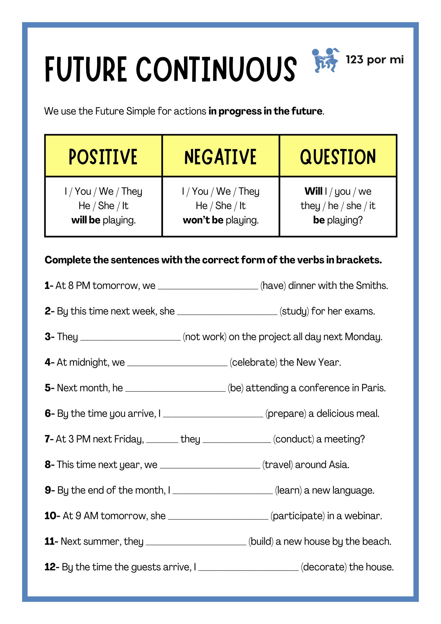 Future continuous worksheet – 123 por mi