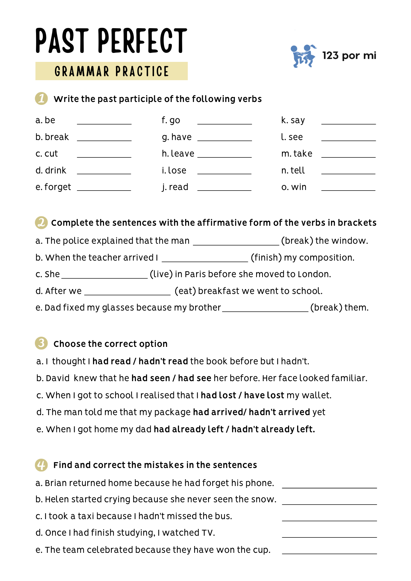 Past perfect grammar practice – 123 por mi