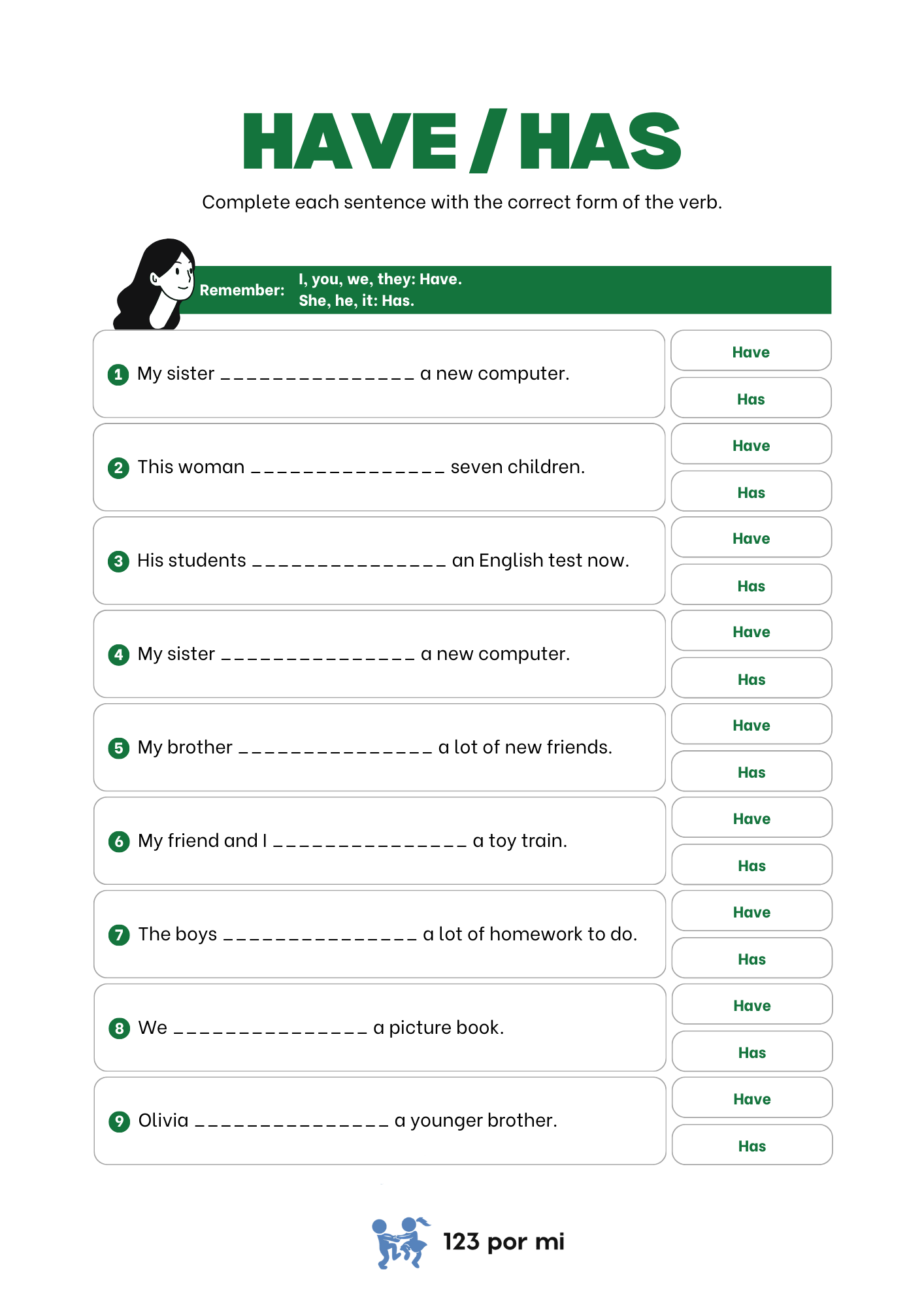 Have/has worksheet – 123 por mi