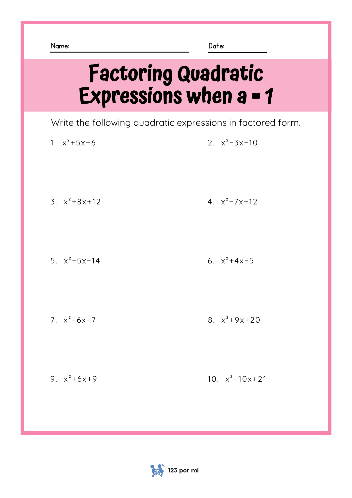 Quadratic expressions – 123 por mi