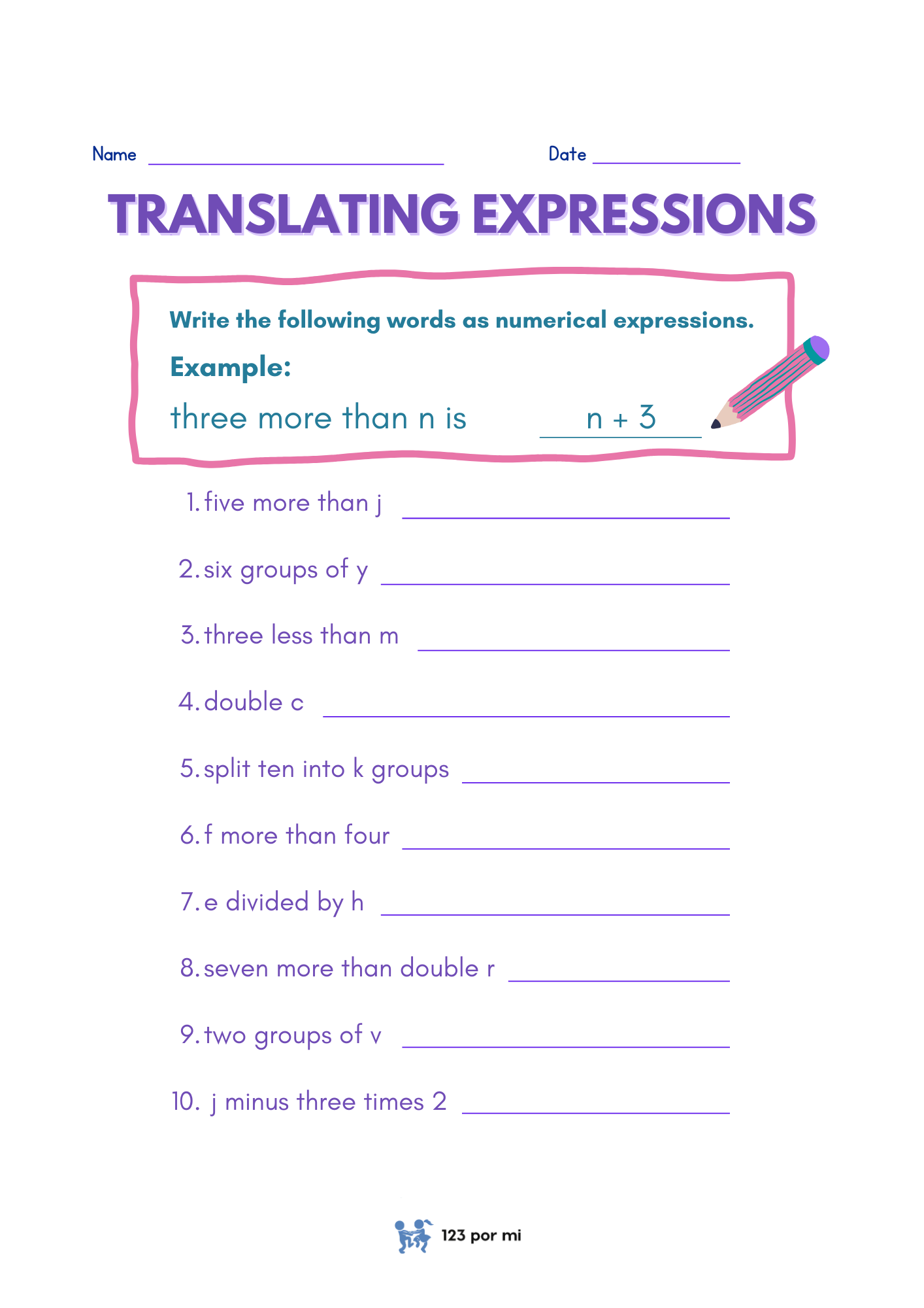 Translating expressions – 123 por mi
