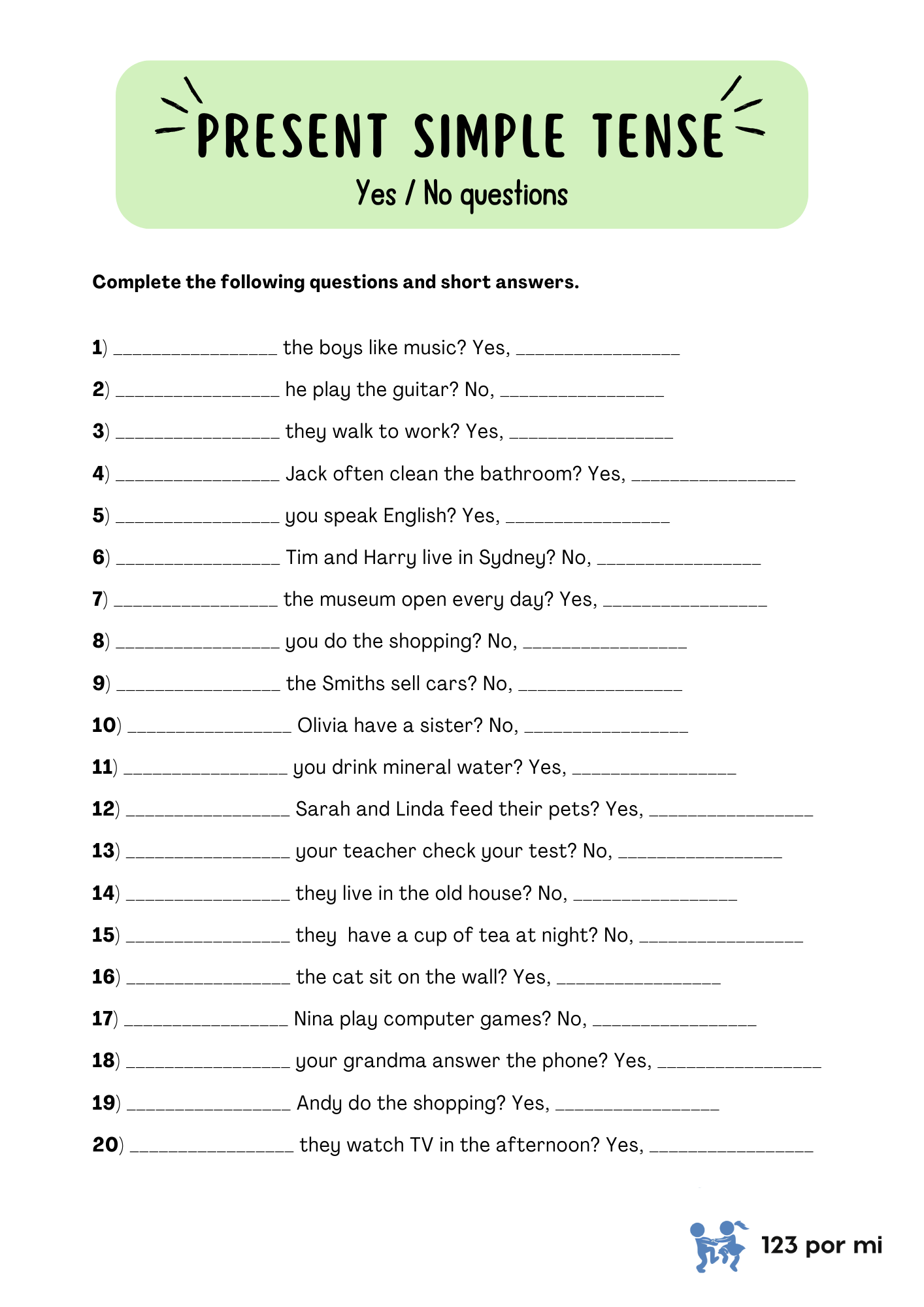 Present simple tense questions – 123 por mi