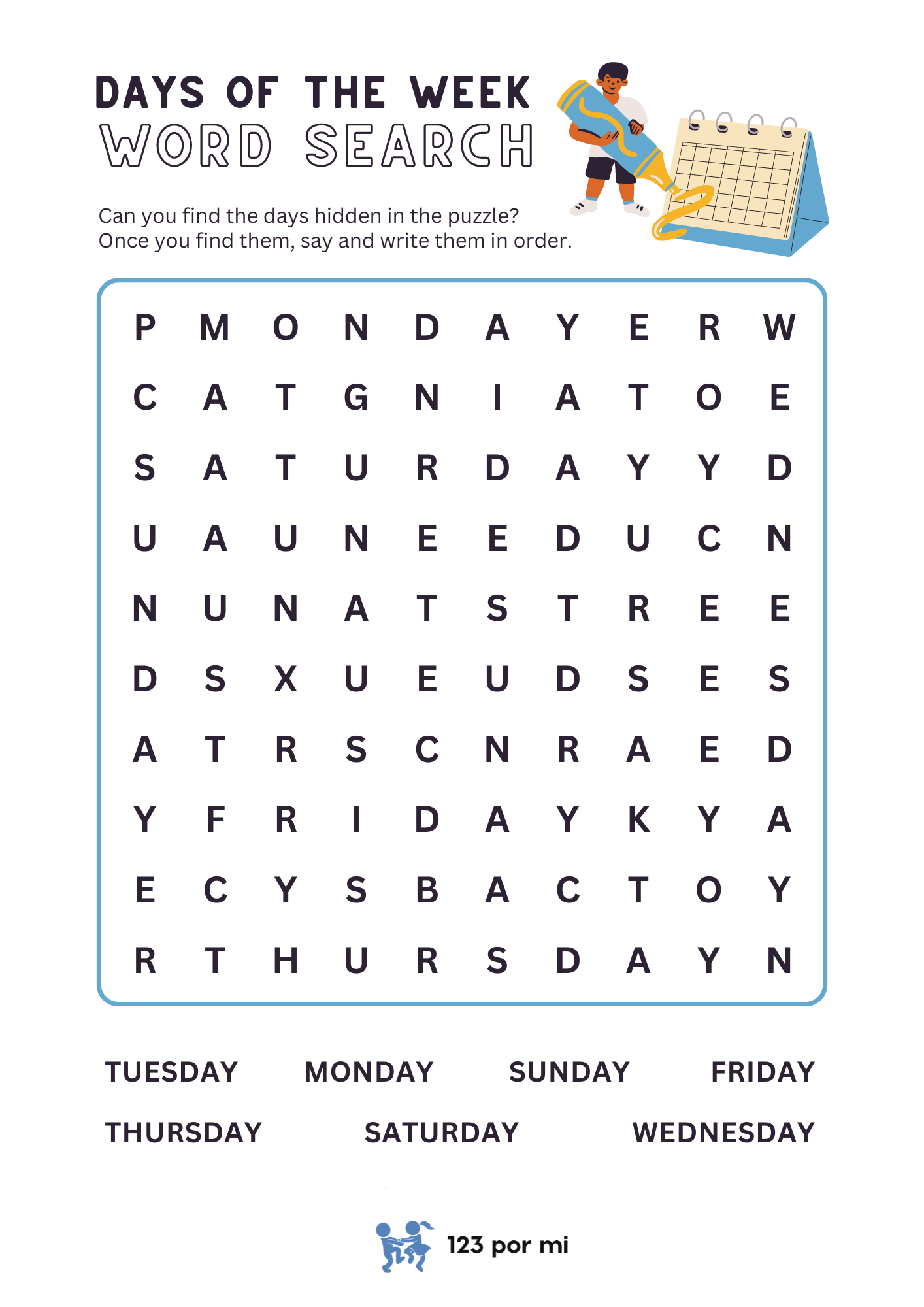 Days of the week word search – 123 por mi