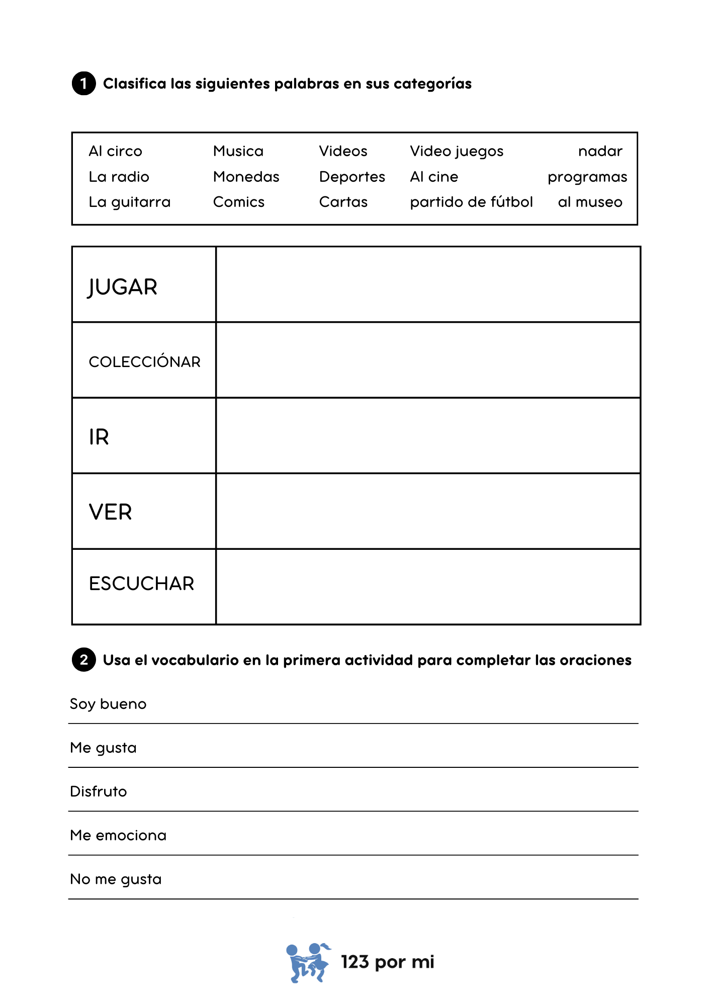 Clasifica las palabras – 123 por mi